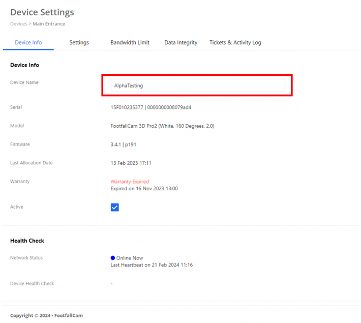 Device Setting Page - FootfallCam