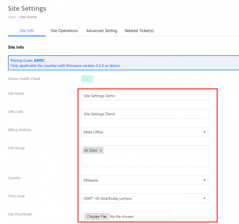 Site Setting Page - FootfallCam